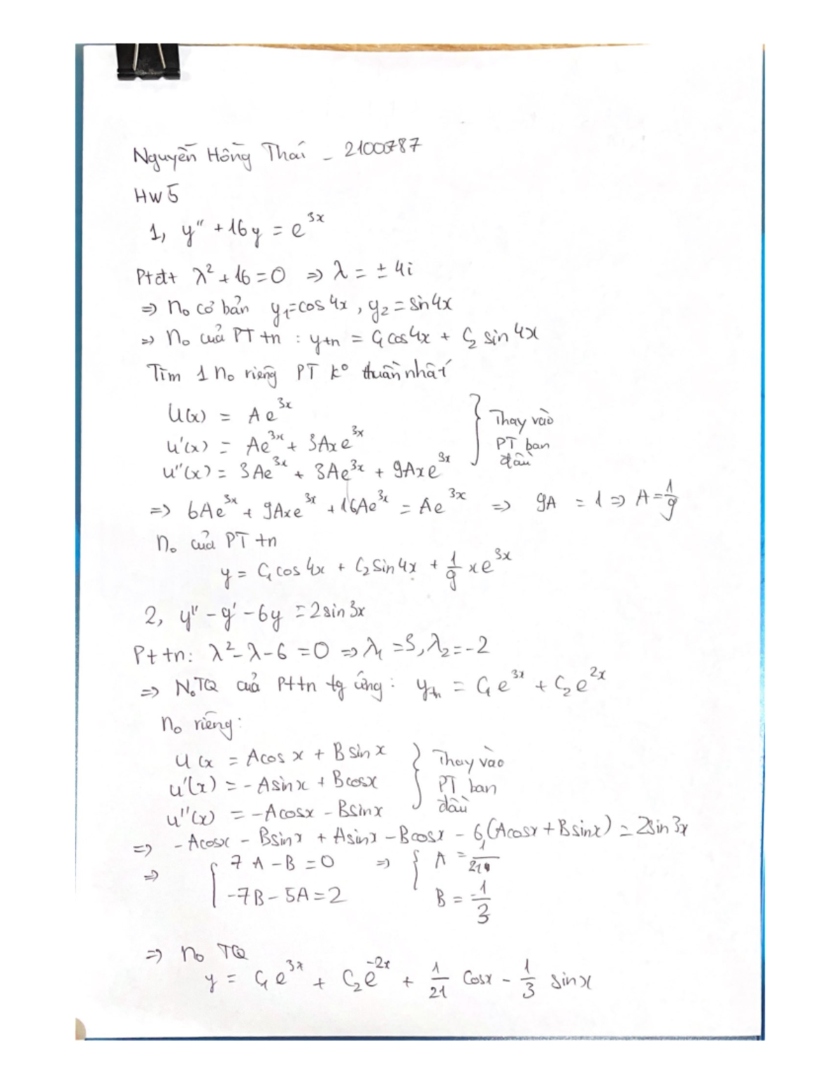 Hw5 Euler - bài tập - Nguyen Hong Thai 2100787 HW5 1, y" + 16y = e3x ...