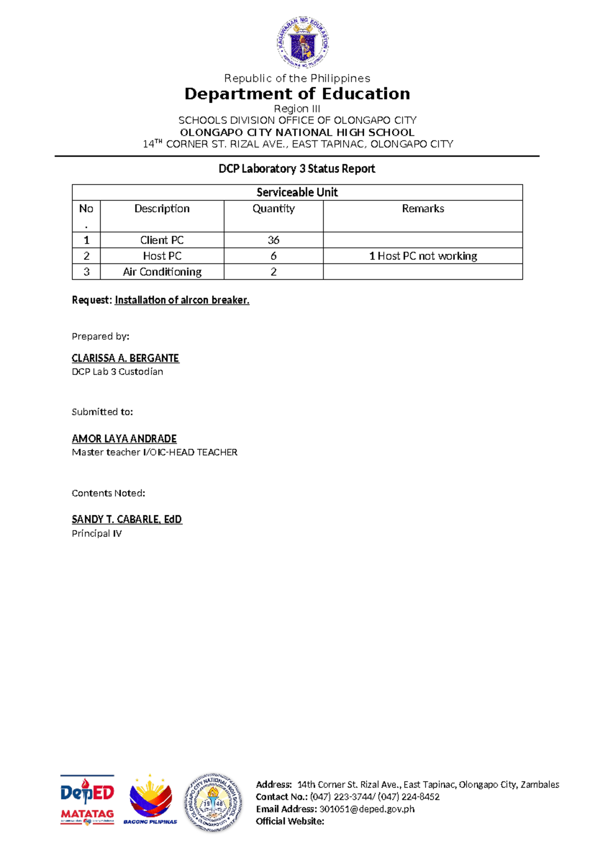 Status report DCP Lab 3 - Lab - Address: 14th Corner St. Rizal Ave ...