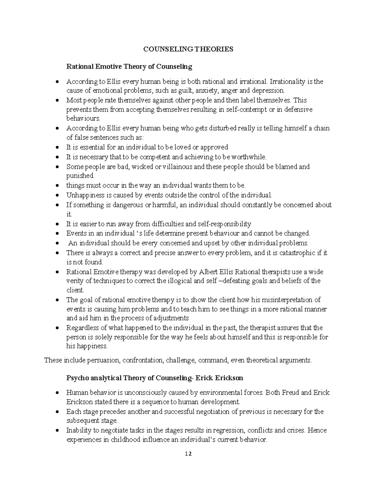 TDP401 Counselling Theories - 12 COUNSELING THEORIES Rational Emotive ...