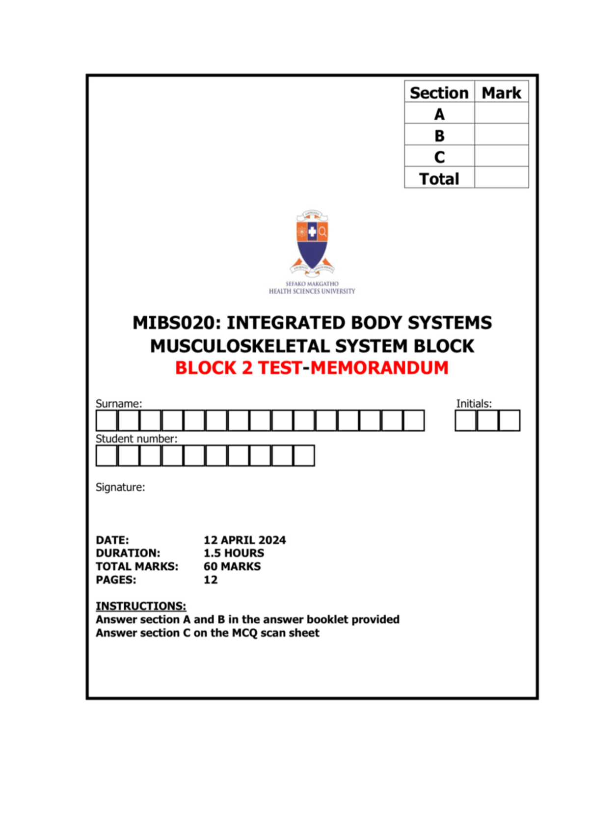 Test 2 MSK 2024 Ana AND Physiology - Section Mark A B C Total SEFAKO ...