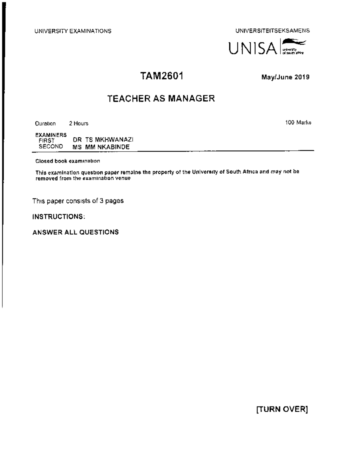 2019 Exam 1 - Examination - TAM2601 - Studocu