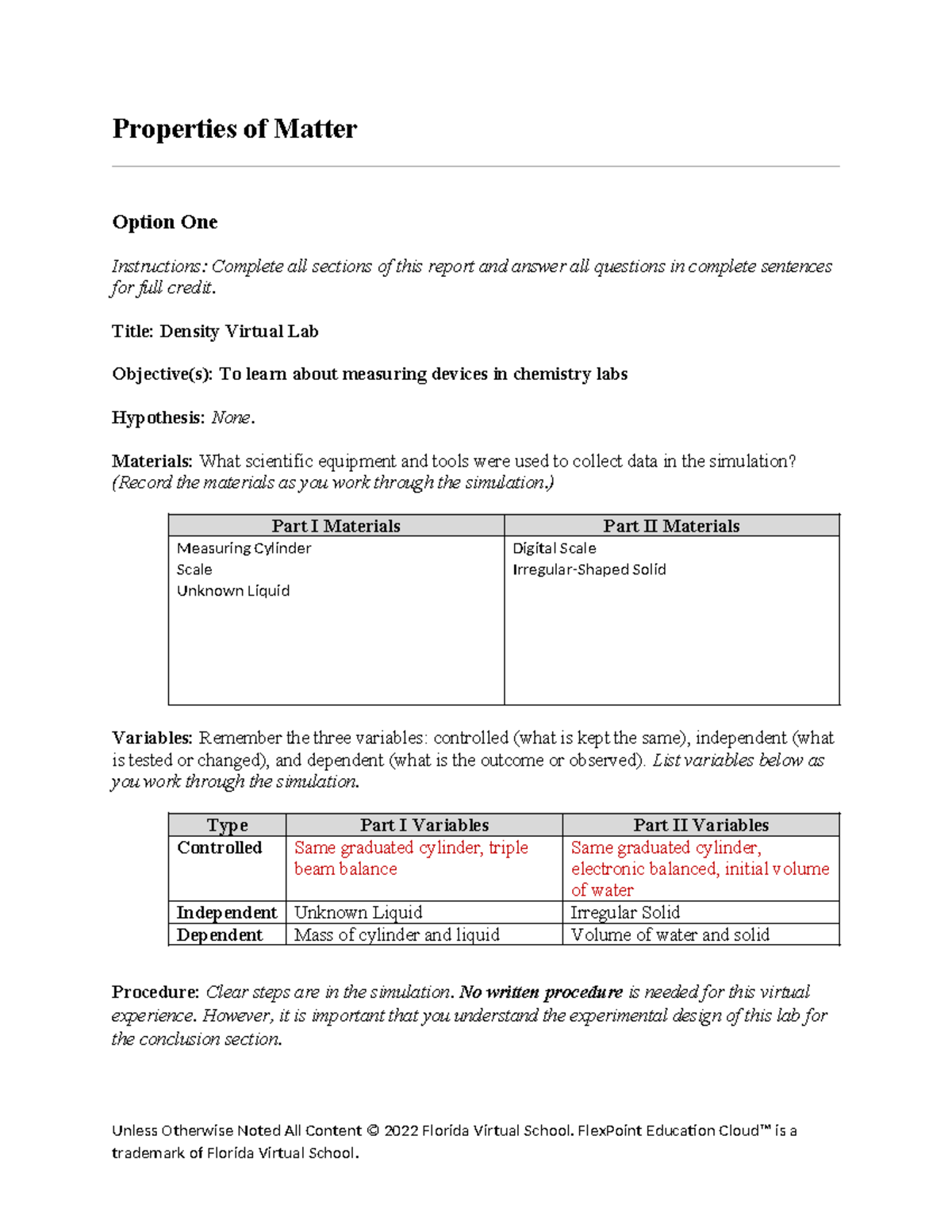 Properties matter option one report - Properties of Matter Option One ...