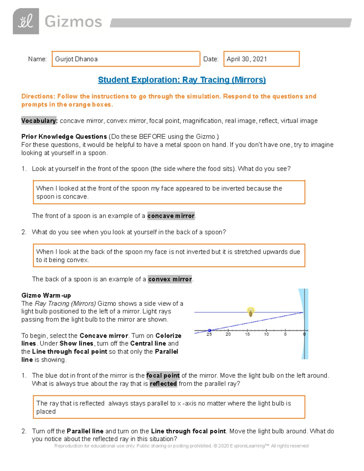 1.2 Ray Tracing Mirrors Gizmo - Name: Gurjot Dhanoa Date: April 30 ...