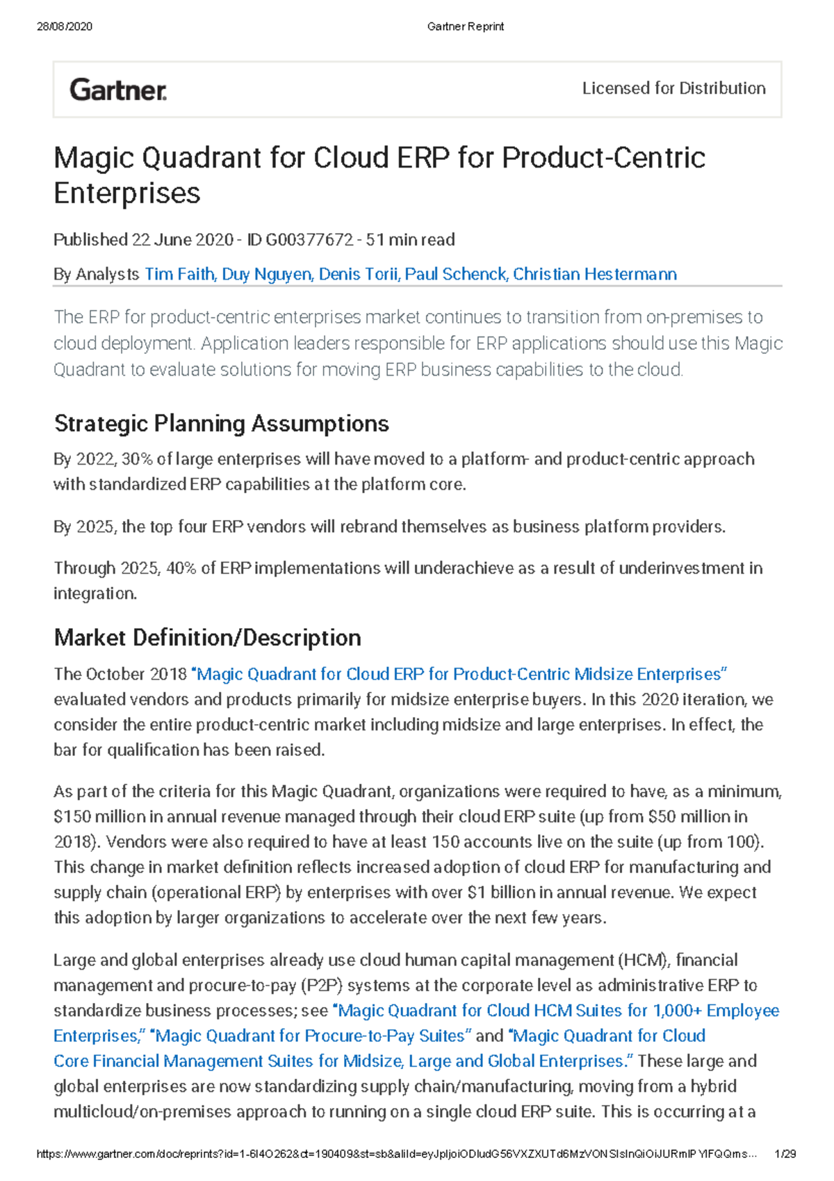 Gartner magic quadrant for cloud erp for product centric enterprises ...