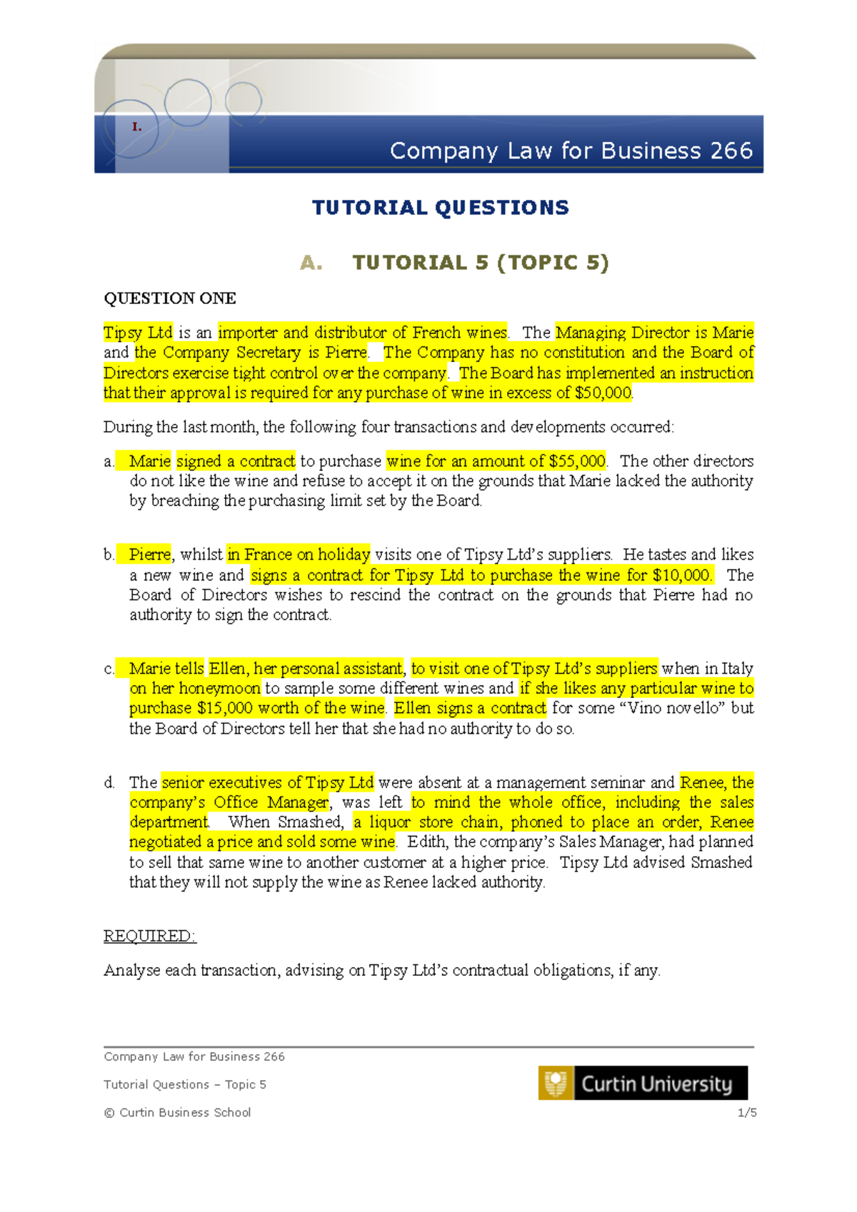CL266 Tutorial Questions Topic 51 - I. Company Law for Business 266 ...