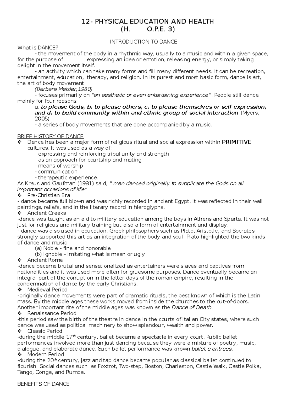 HOPE 3 - Handout - Reference for the different elements of Dance. (B.A ...