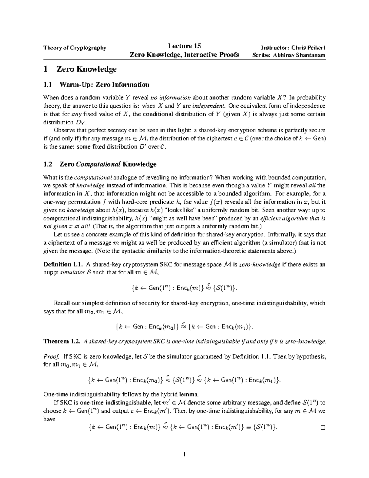 Lec15 - Zero Knowledge and Interactive Proofs - Theory of Cryptography Lecture 15 Zero Knowledge ...