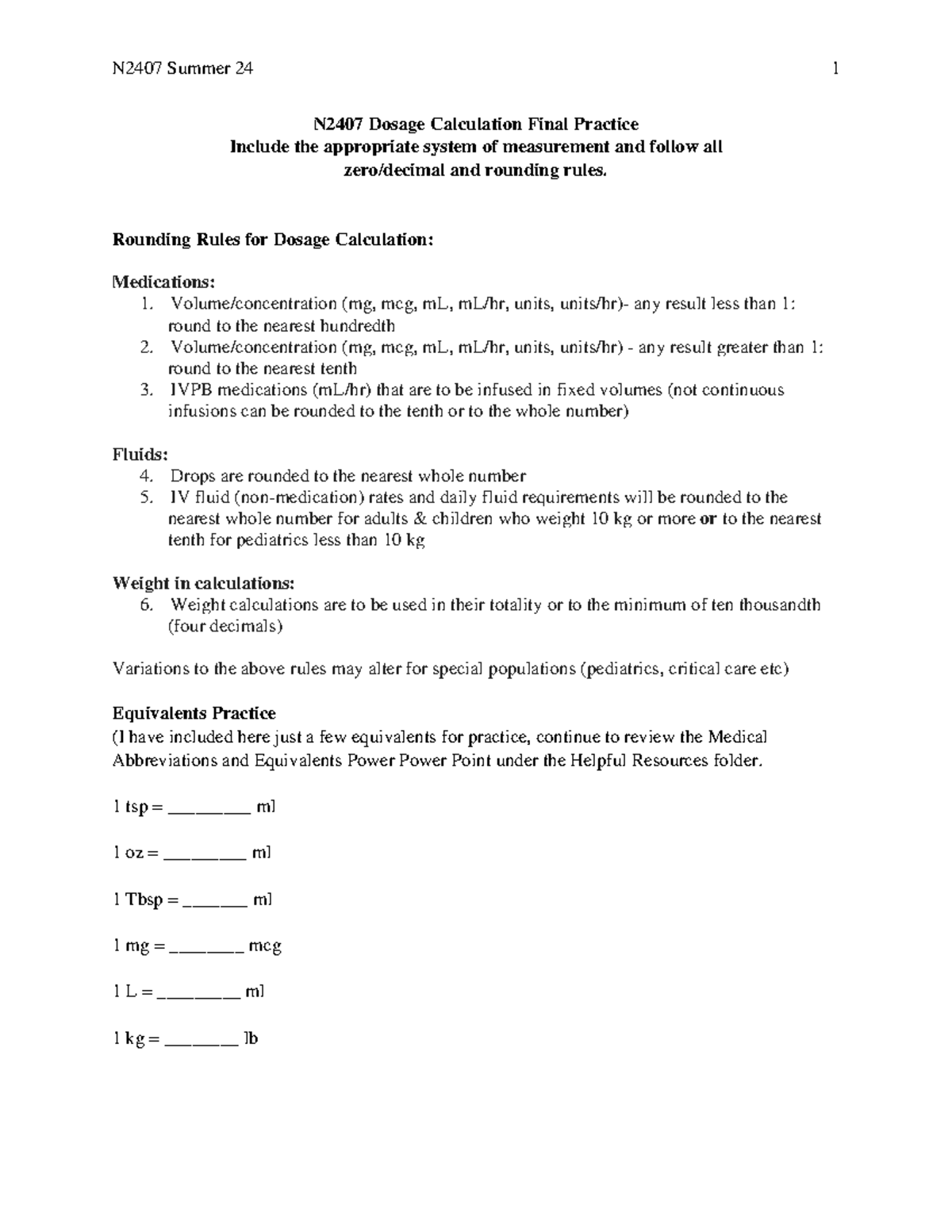 N2407 Dosage Calculation Final Practice - Rounding Rules for Dosage ...