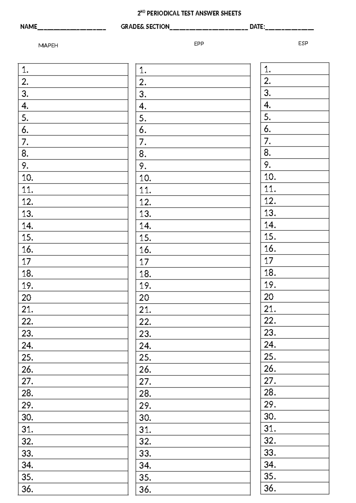 2ND Answersheet - Copy - ANSWERS - 2 ND PERIODICAL TEST ANSWER SHEETS ...