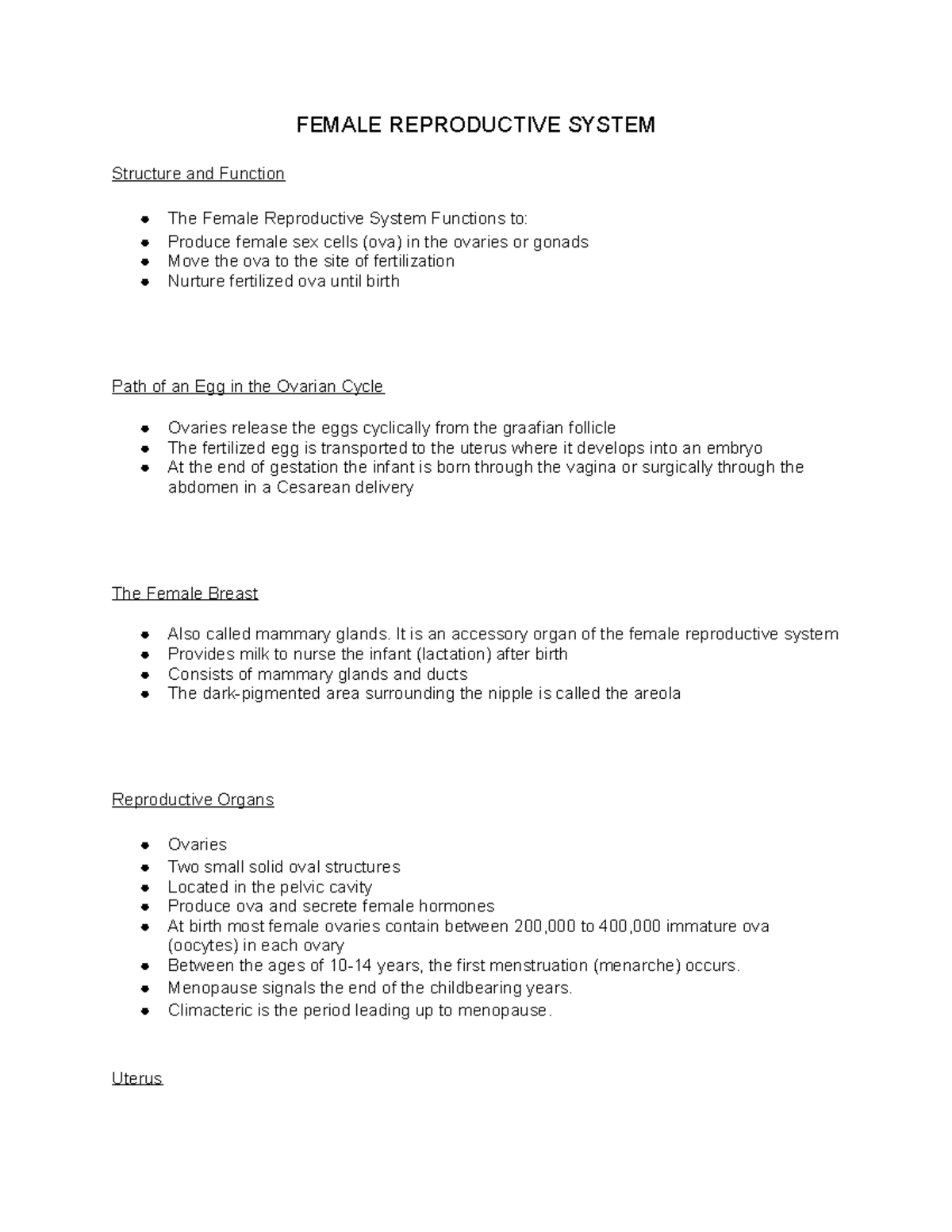 Medical Terminology II Notes 17 - FEMALE REPRODUCTIVE SYSTEM Structure ...