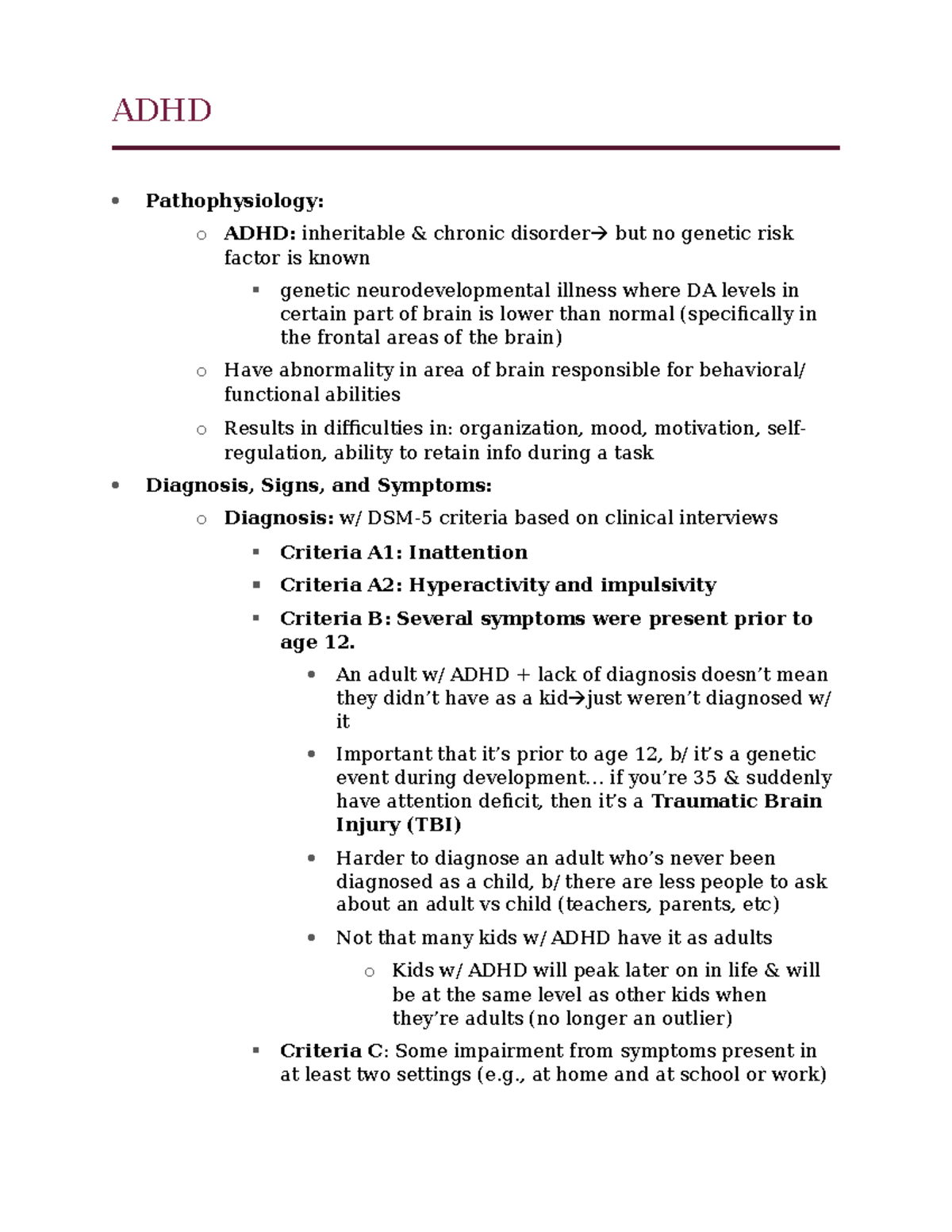 ADHD - ADHD Spring thera - ADHD Pathophysiology: o ADHD: inheritable ...