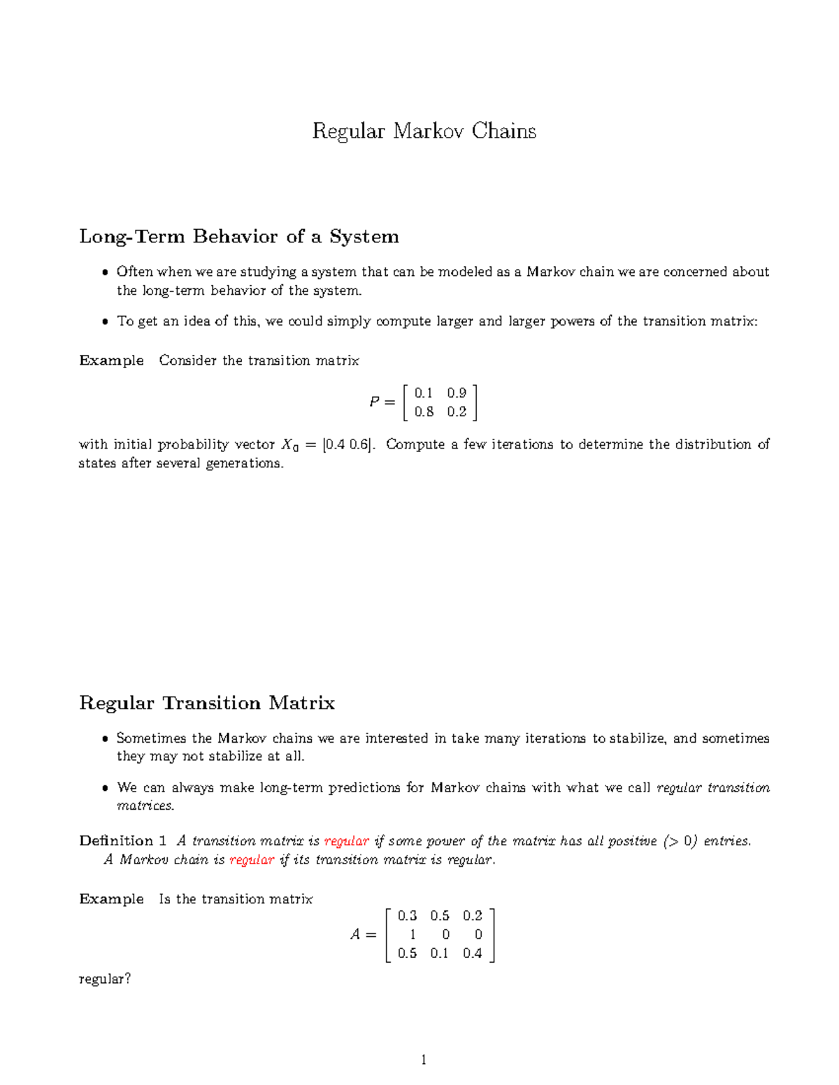 8.2 notes Regular Markov Chains - Regular Markov Chains Long-Term ...