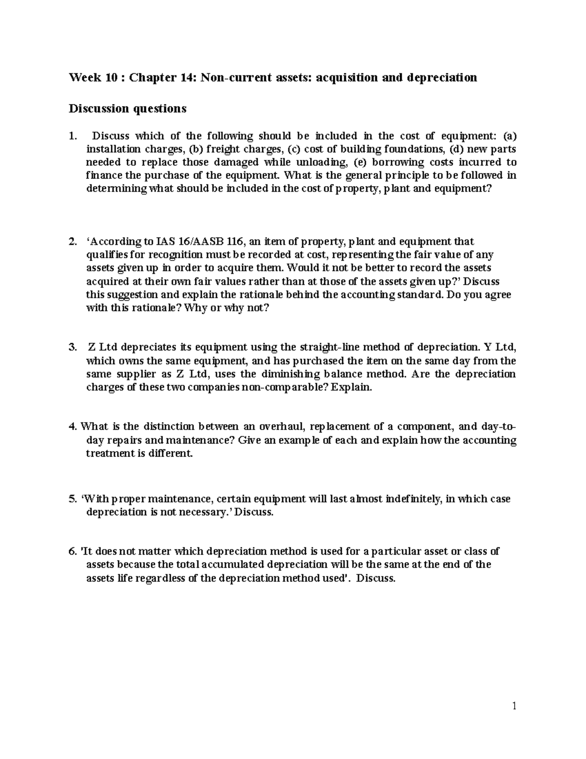 Week 10 Tutorial Questions - Week 10 : Chapter 14: Non-current assets ...