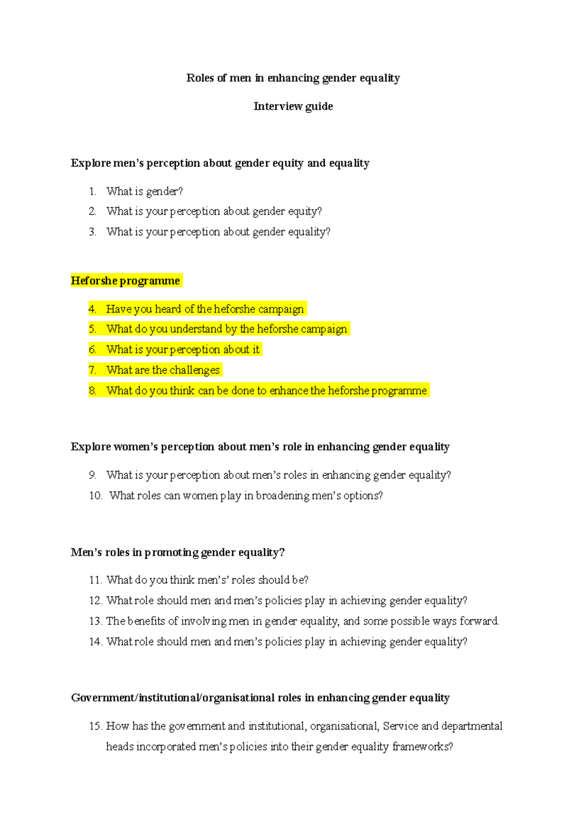 Roles of men Interview guide - Roles of men in enhancing gender ...