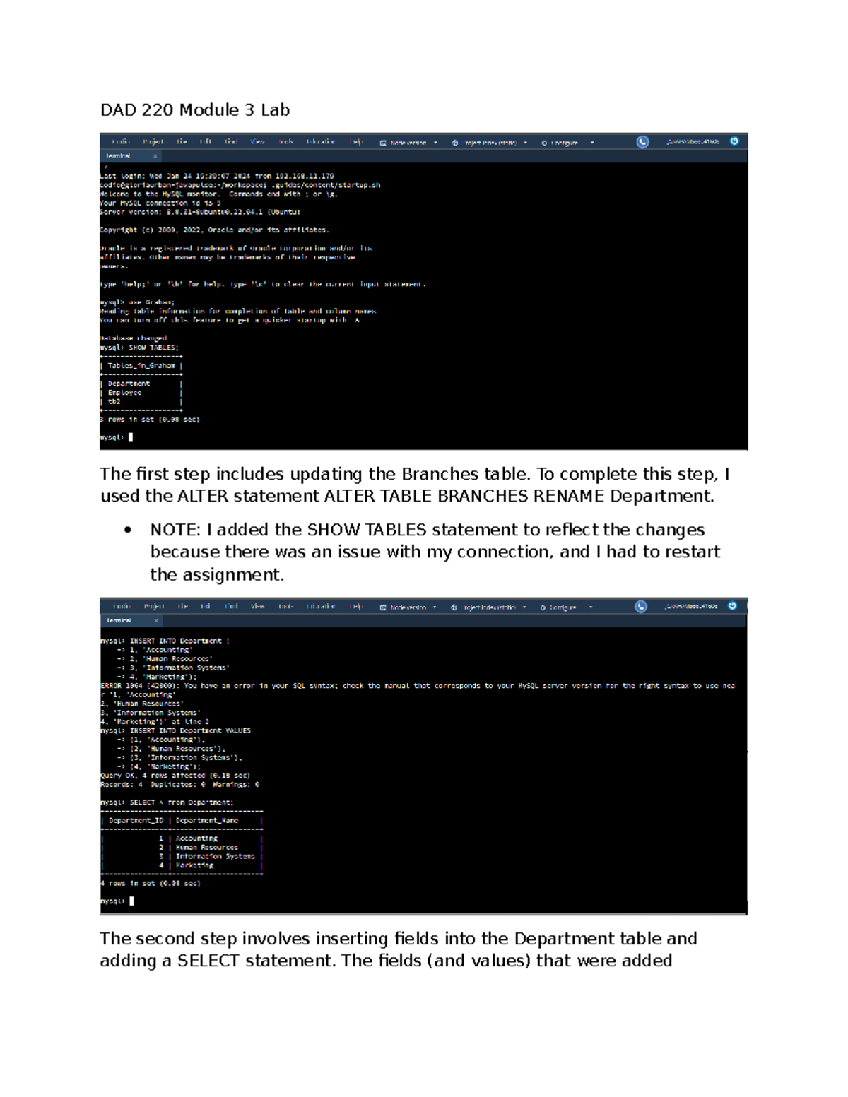 DAD 220 Module 3 Lab - DAD 220 Module 3 Lab The first step includes updating the Branches table ...