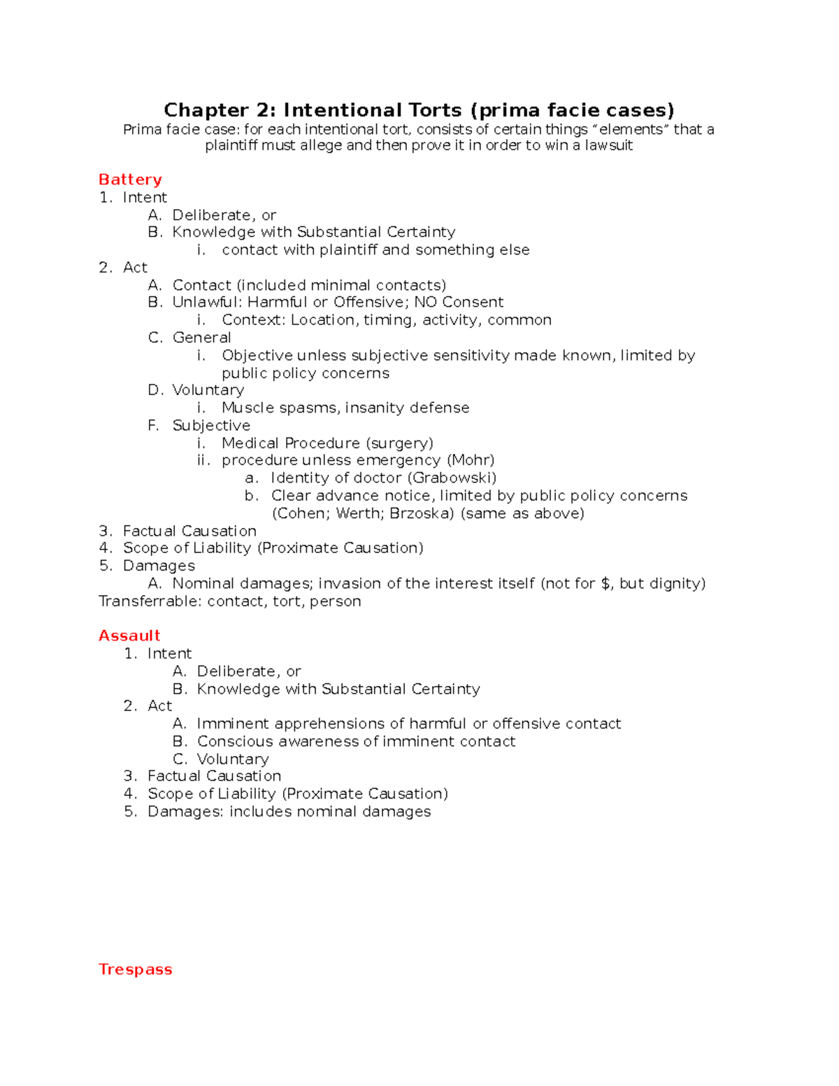 Torts Outline - Chapter 2: Intentional Torts (prima facie cases) Prima ...