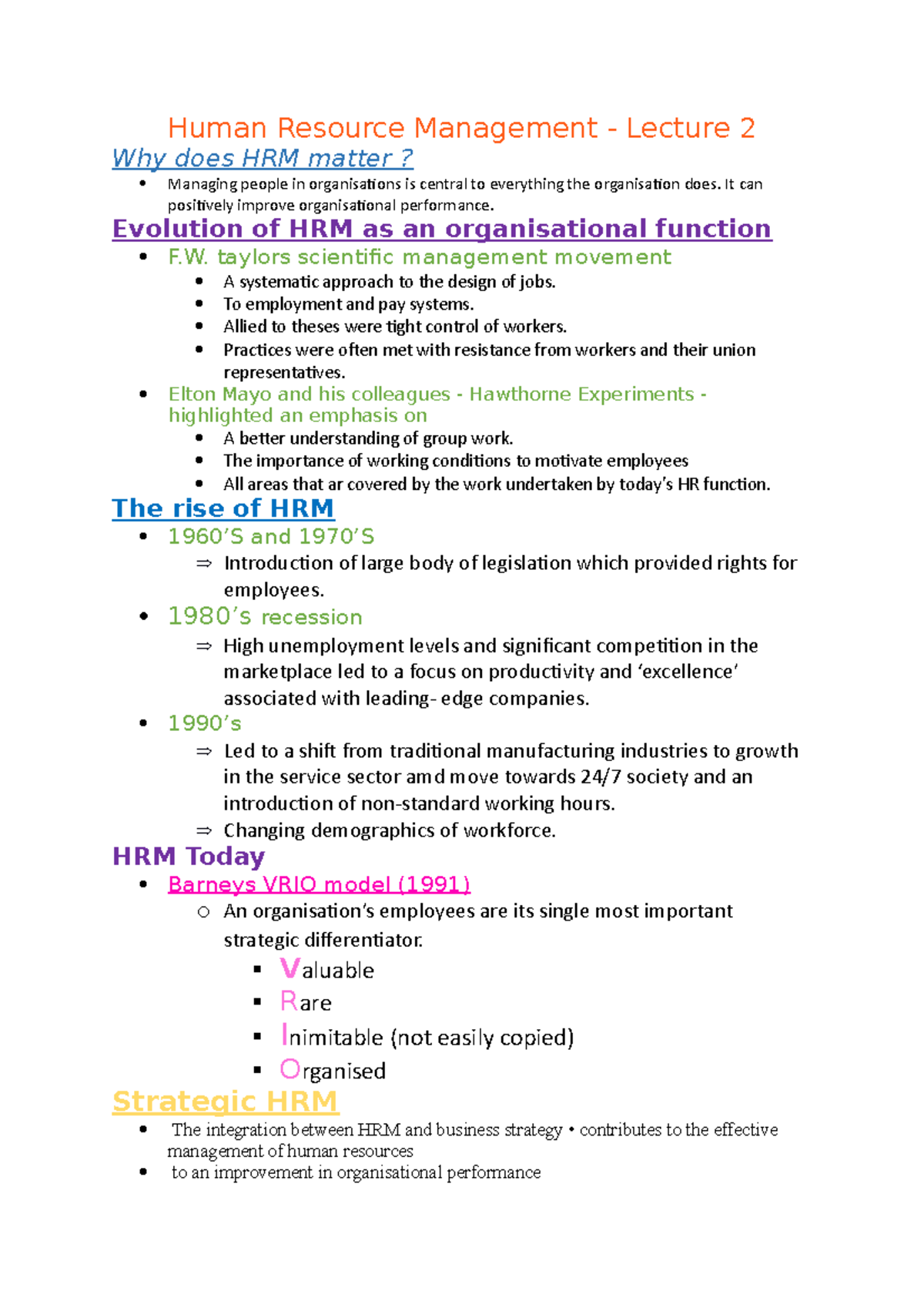HRM - Lecture 2 - Human Resource Management - Lecture 2 Why does HRM ...