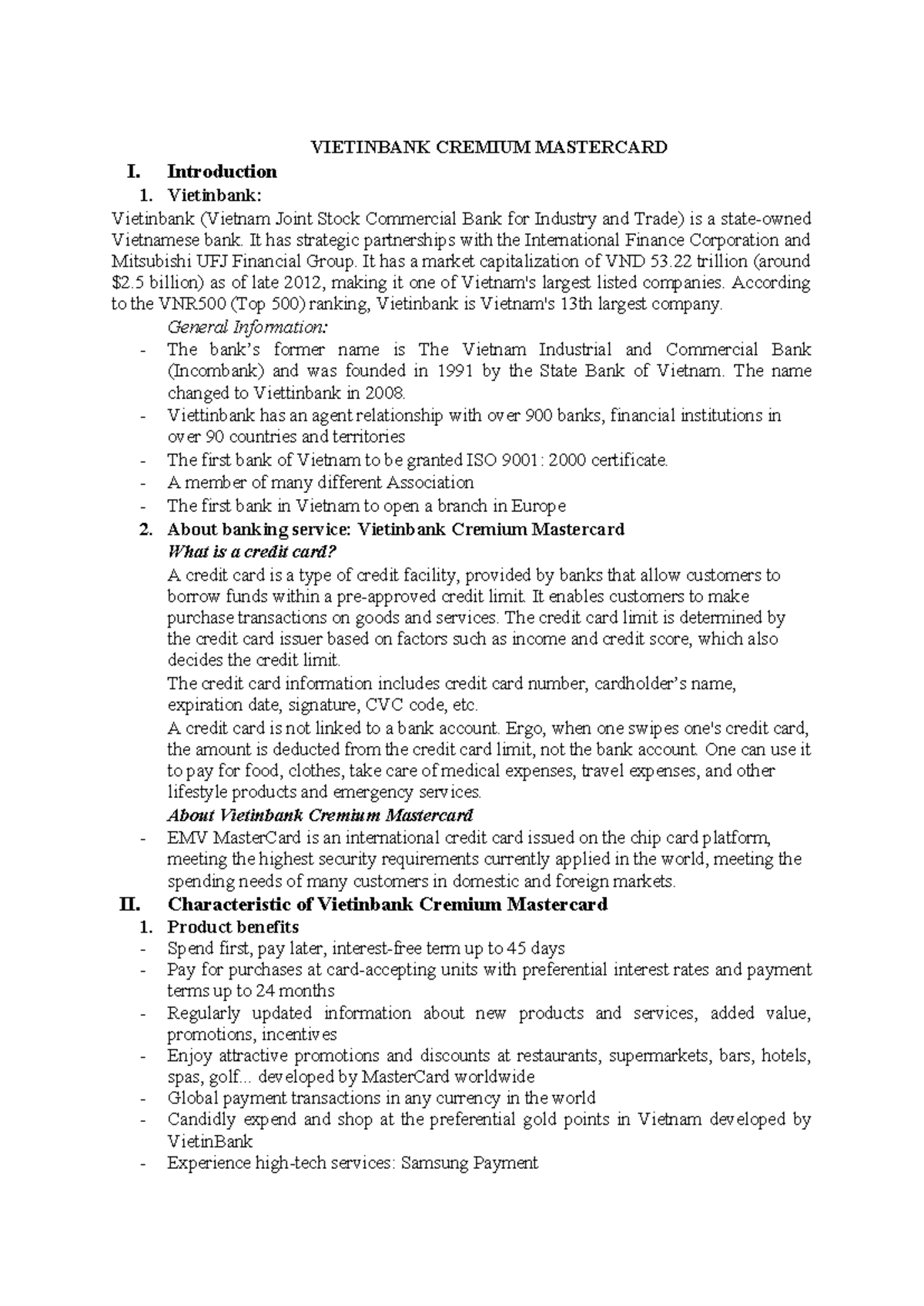 Vietinbank - Mastercard - VIETINBANK CREMIUM MASTERCARD I. Introduction ...