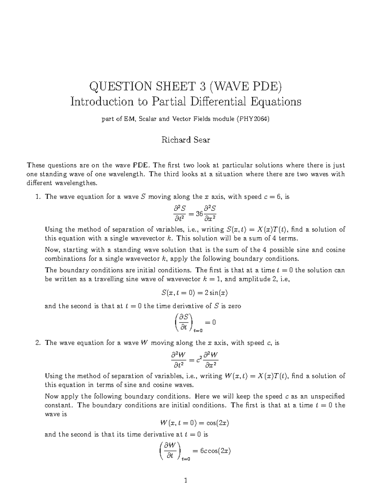 PHY2064 2015-2016 Problem Sheet 3 - QUESTION SHEET 3 (WAVE PDE ...