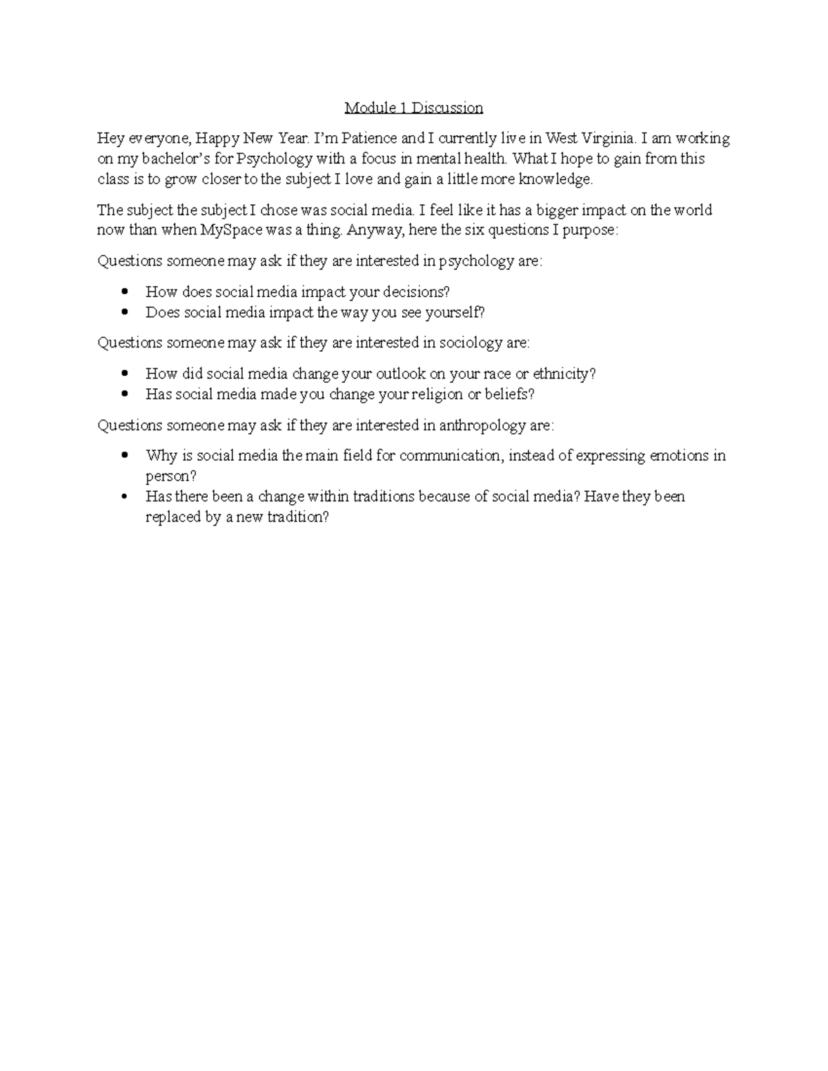 SCS100 Module 1 Discussion - Module 1 Discussion Hey everyone, Happy ...