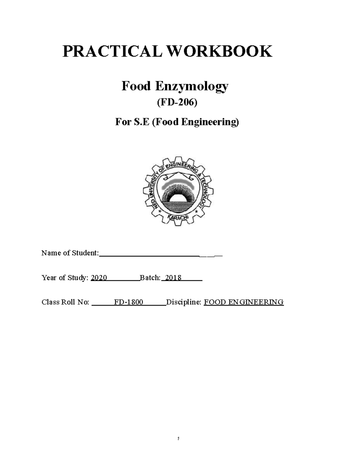 Enzymology manual lab 1-5 - PRACTICAL WORKBOOK Food Enzymology (FD-206 ...