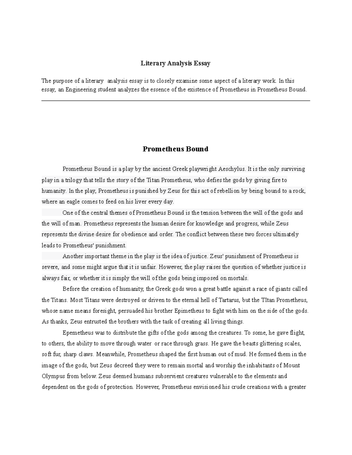 Literary Analysis about Prometheus Bound - Literary Analysis Essay The ...