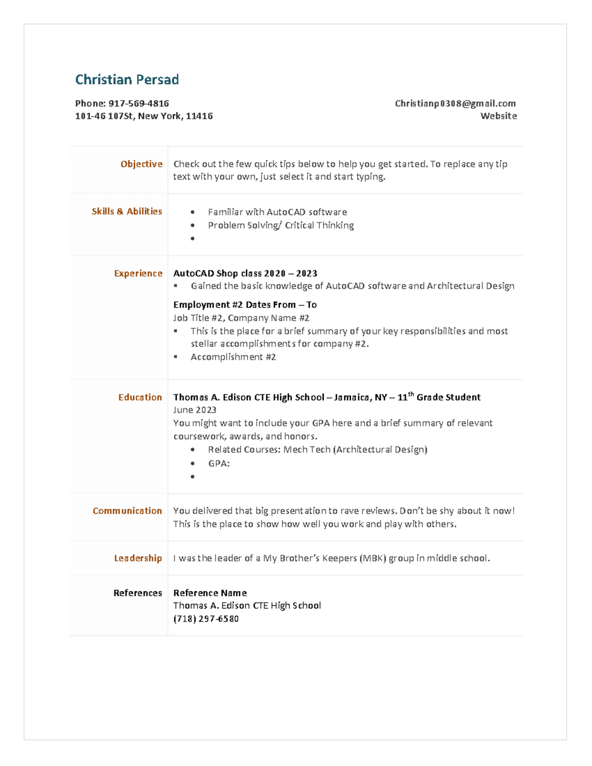 Christian Persad Edison Resume - Christian Persad Phone: 917 -569- 101 ...
