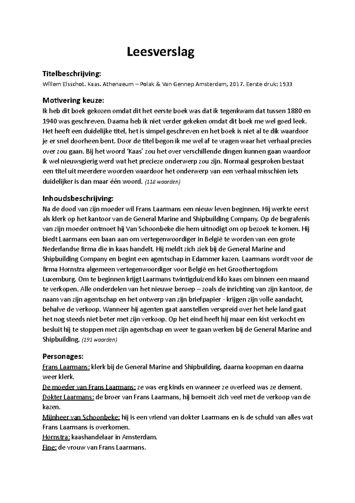 Leesverslag Kaas - Kaas - Willem Elsschot - Leesverslag ...