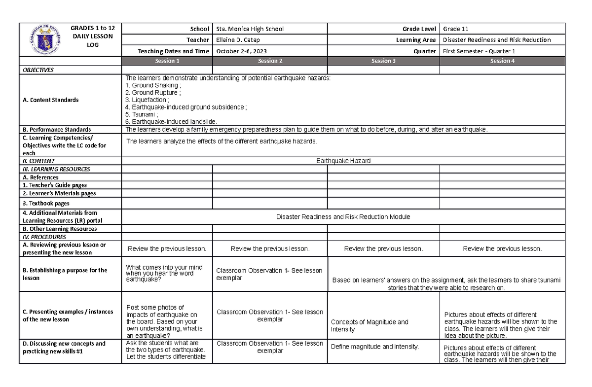 DRRR-DLL- Earthquake Hazard - GRADES 1 to 12 DAILY LESSON LOG School ...