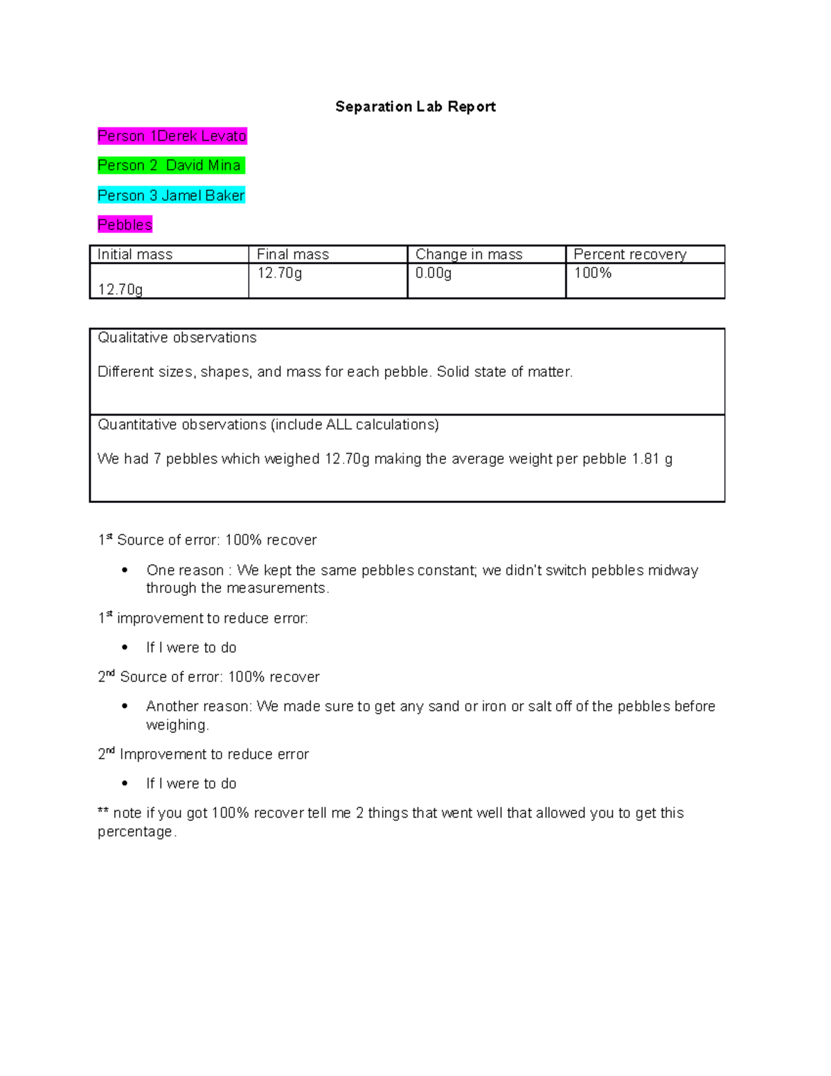 Separation lab - lab for biology - Separation Lab Report Person 1Derek ...