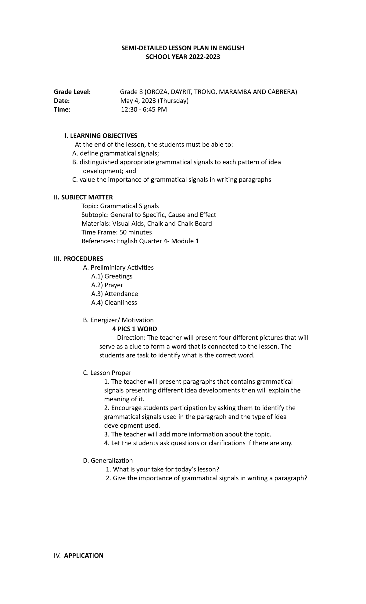 Grammaticalsignals LP - SEMI-DETAILED LESSON PLAN IN ENGLISH SCHOOL ...