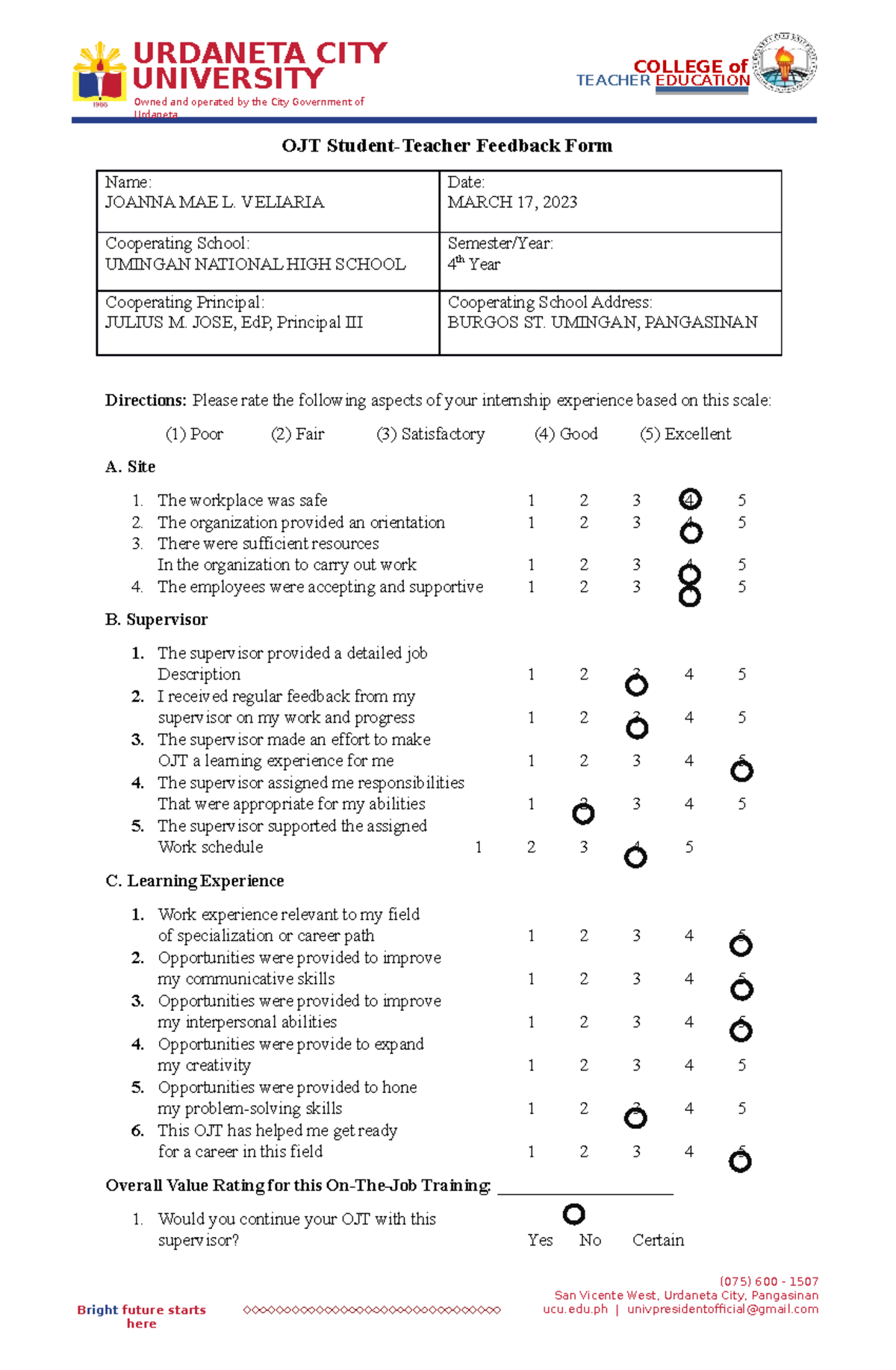 E Form 3 OJT Student-Teacher Feedback - OJT Student-Teacher Feedback ...