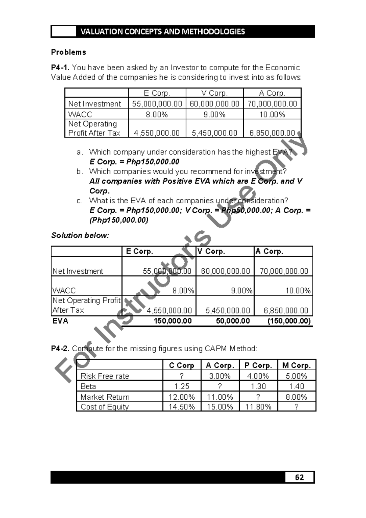 VALUATION C4 PROBLEMS ANSWER KEY - Problems P4-1. You have been asked by an Investor to compute ...