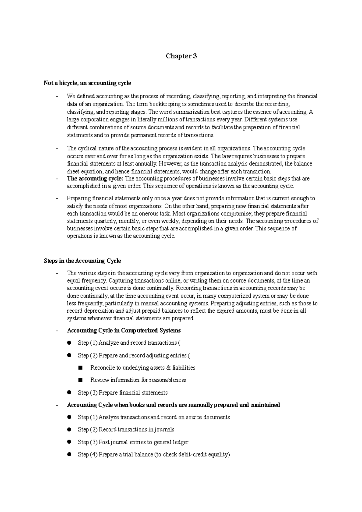 Chapter 3 - summaries - Chapter 3 Not a bicycle, an accounting cycle We ...