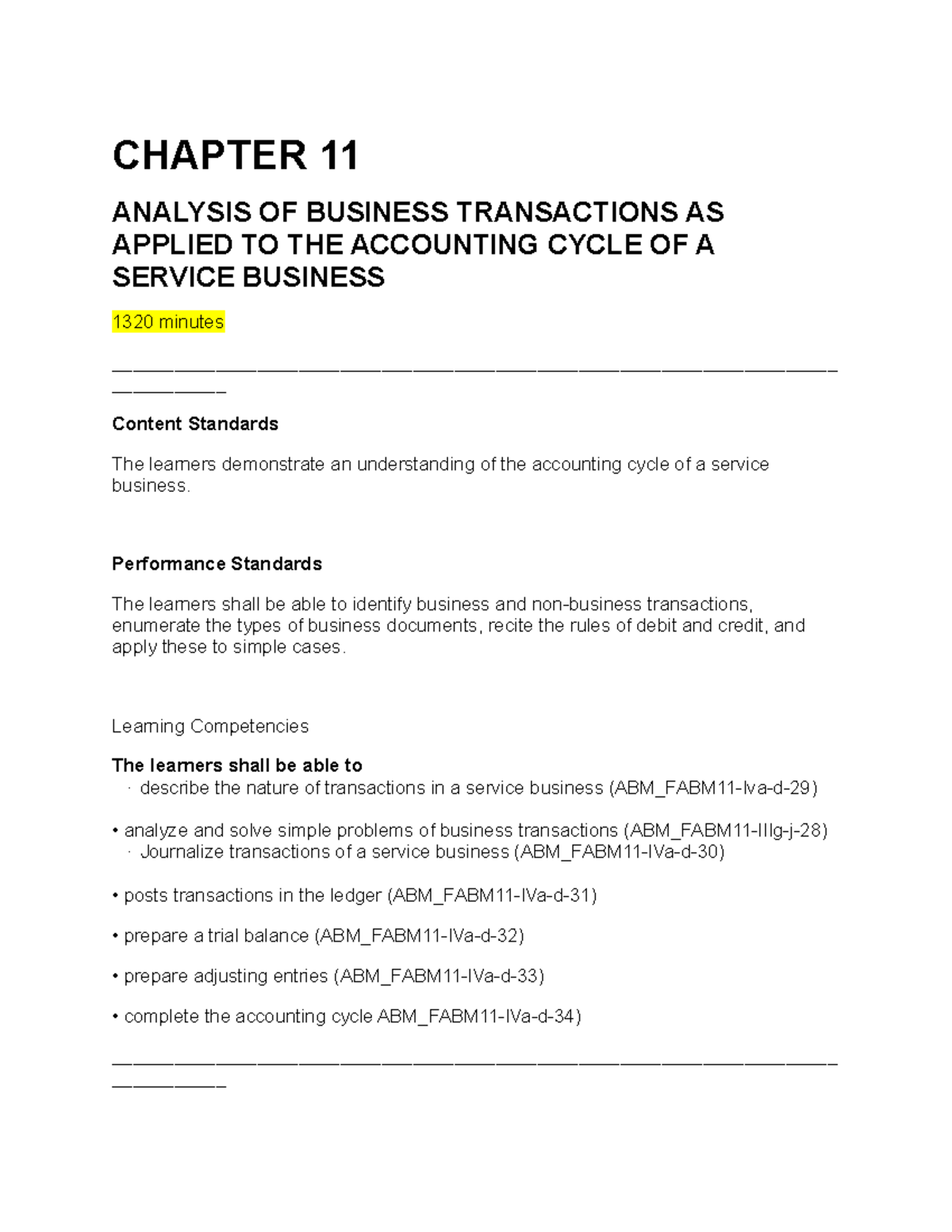 Analysis of Business Transactions Service Business - CHAPTER 11 ANALYSIS OF BUSINESS ...