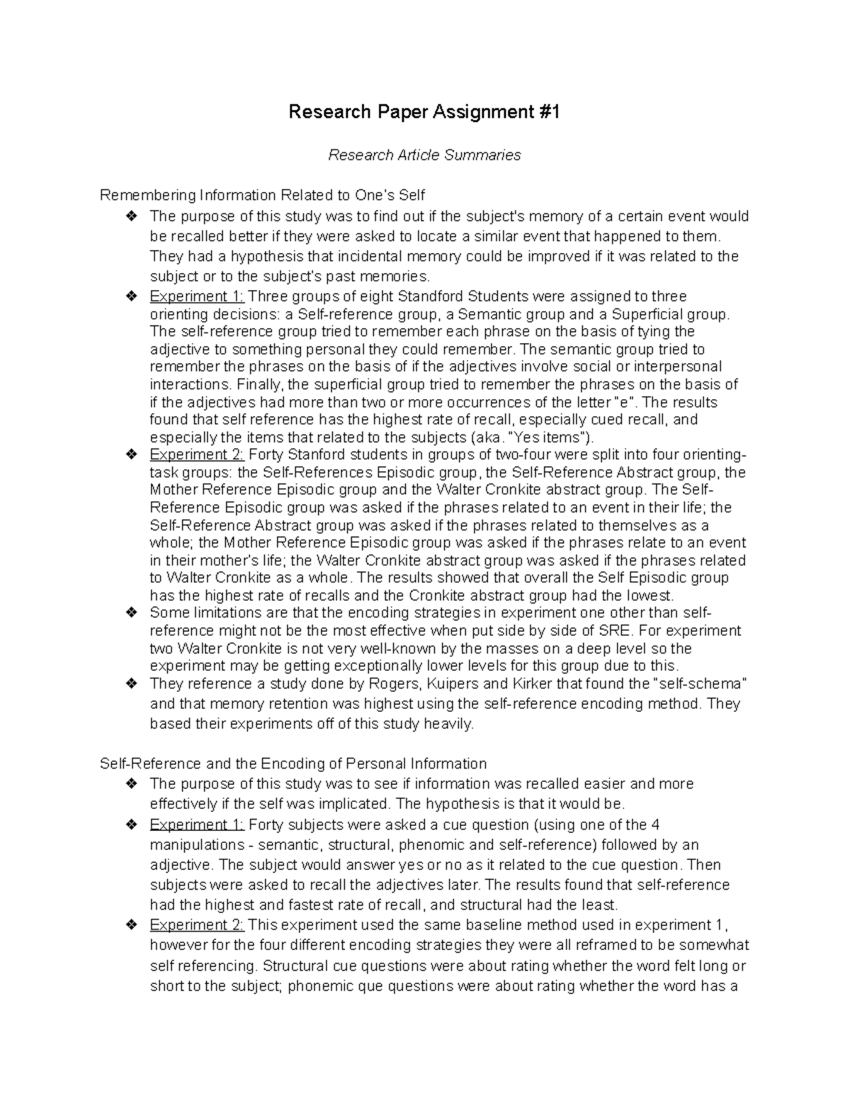 Research Paper Assignment #1 - PSY 240 - UNLV - Studocu