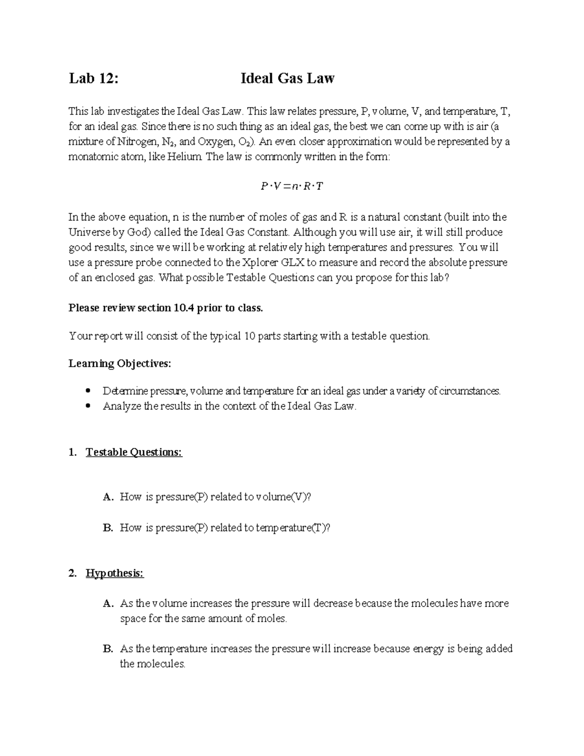 PHY111L Lab 12 Ideal gas law3 - Lab 12: Ideal Gas Law This lab ...