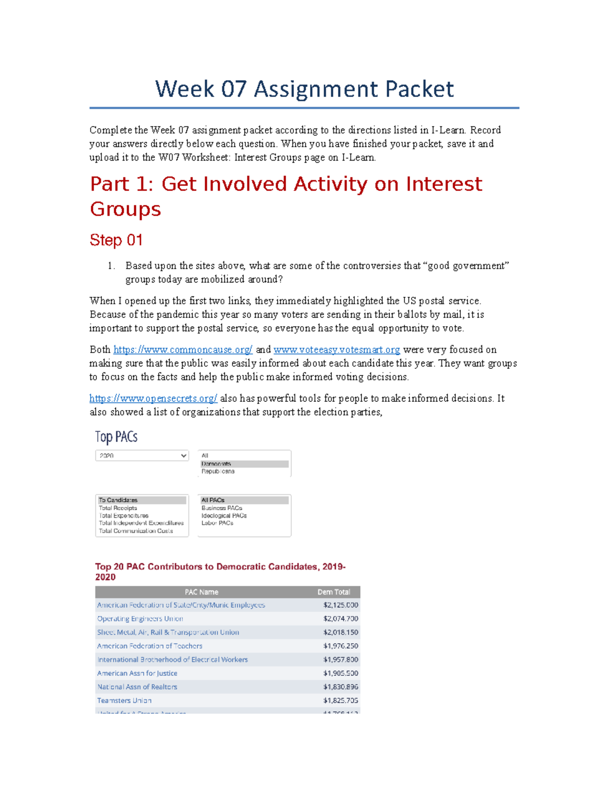 Week 07 assignment packet - Week 07 Assignment Packet Complete the Week 07 assignment packet ...