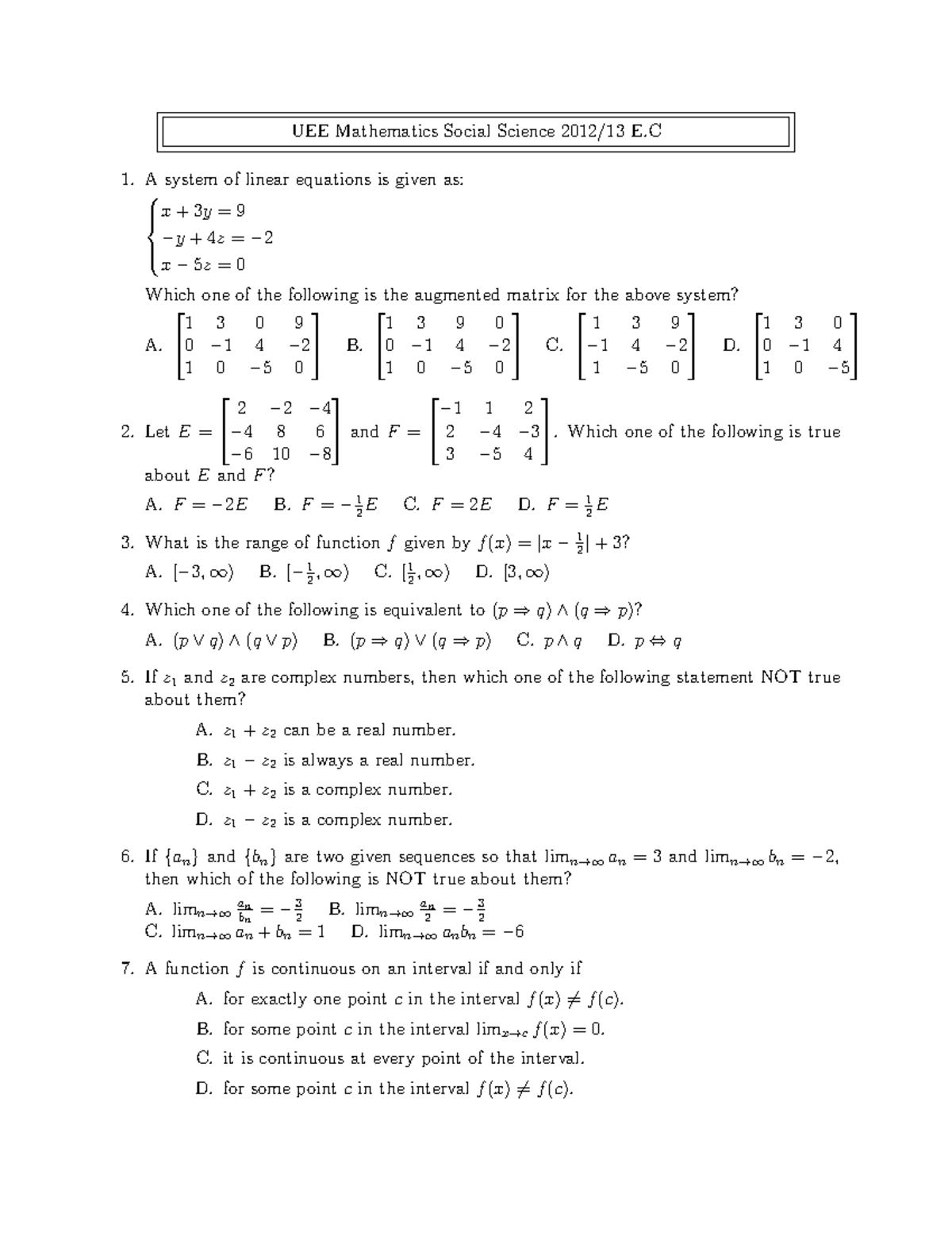 UEE math social science 2012 - UEE Mathematics Social Science 2012/13 E A system of linear ...