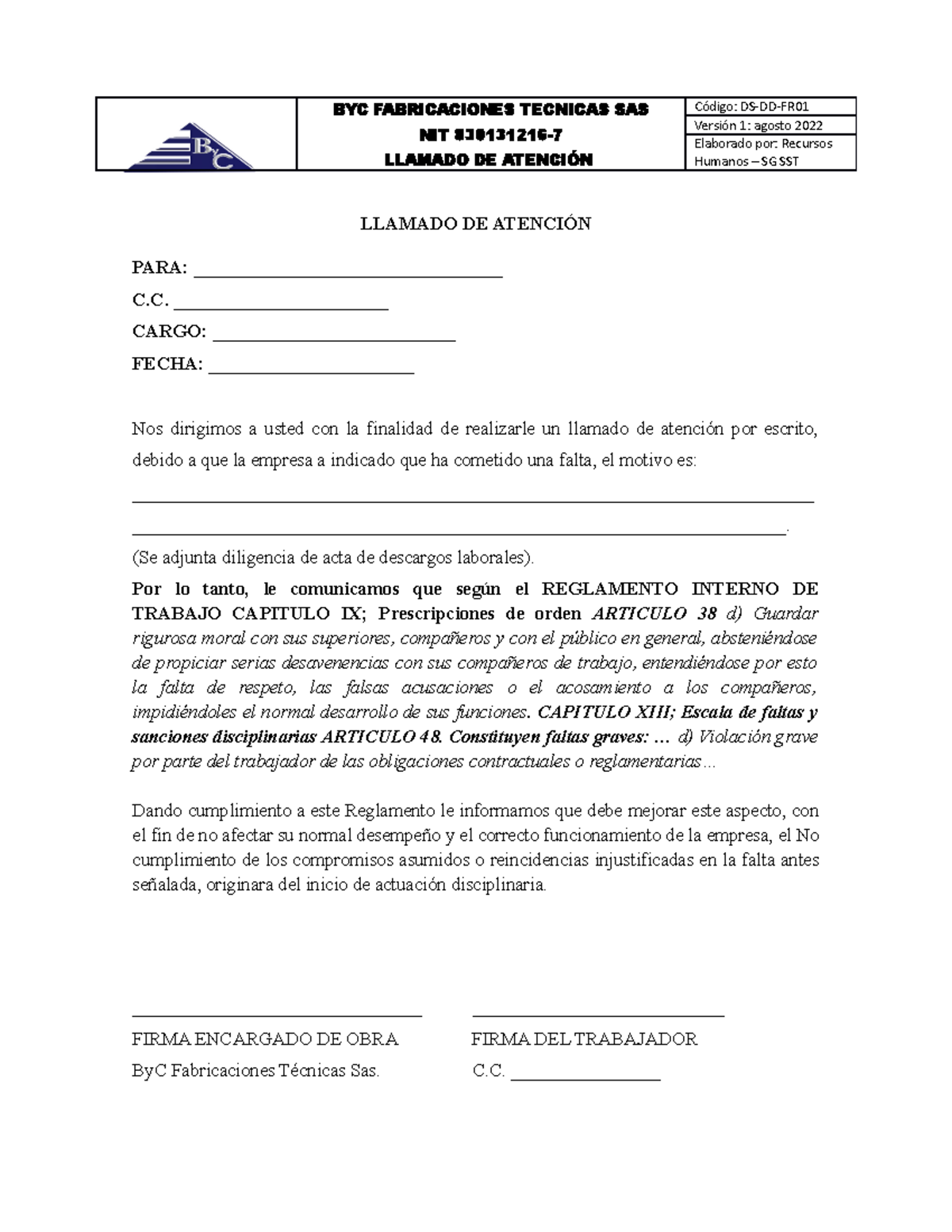 Llamado DE Atención - VARIOS - BYC FABRICACIONES TECNICAS SAS NIT ...