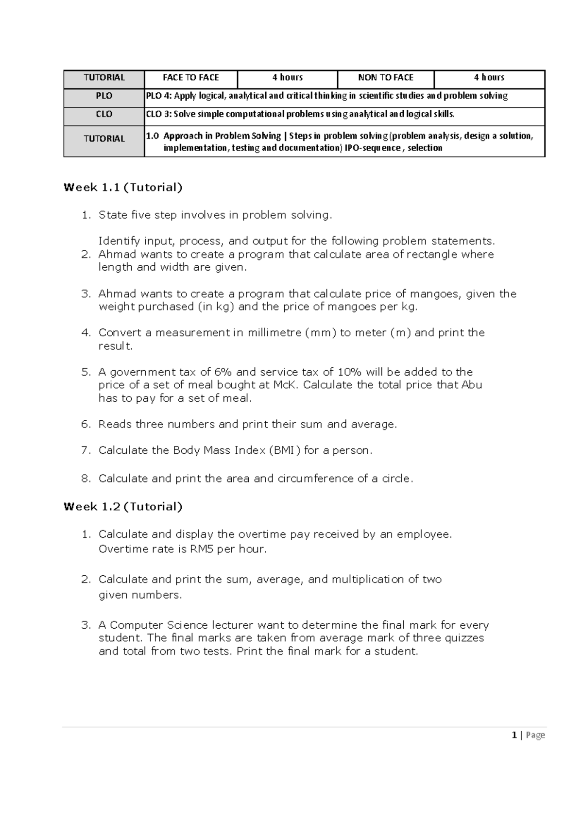 Tutorial WEEK 1 - 4 SC025 SESI 20222023 Questions - TUTORIAL FACE TO ...