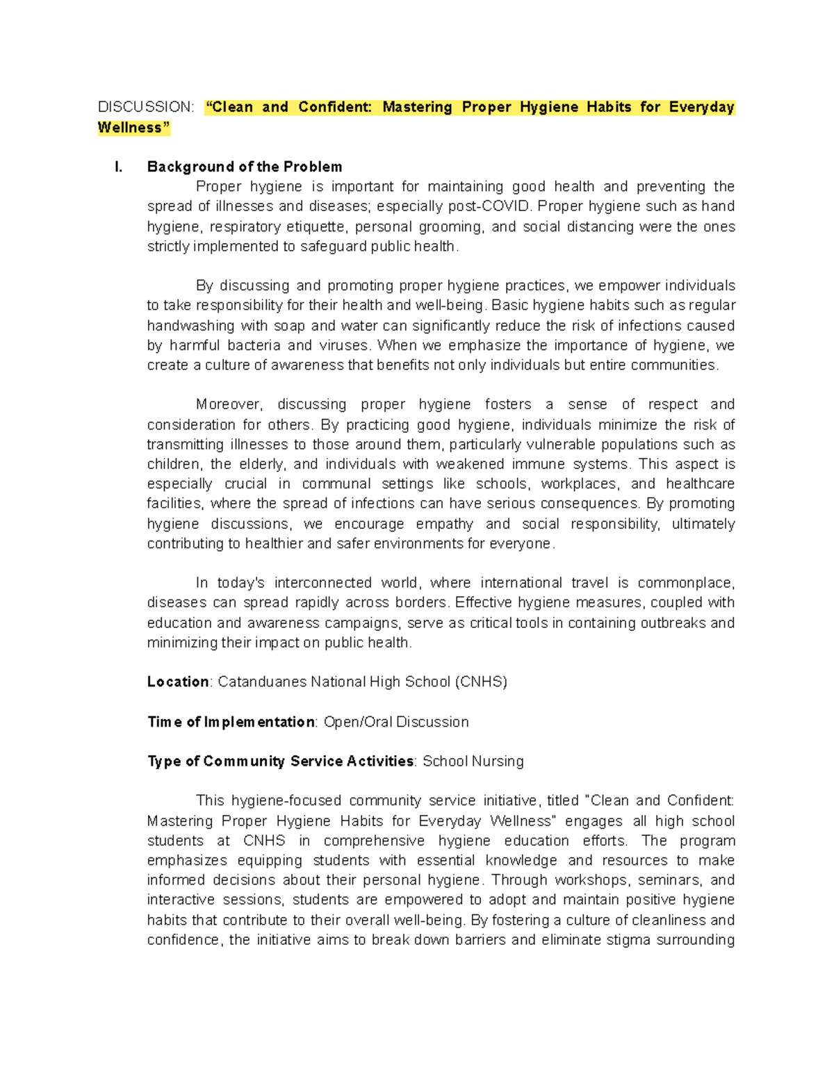 Project Proposal: Proper Hygiene - DISCUSSION: “Clean and Confident ...