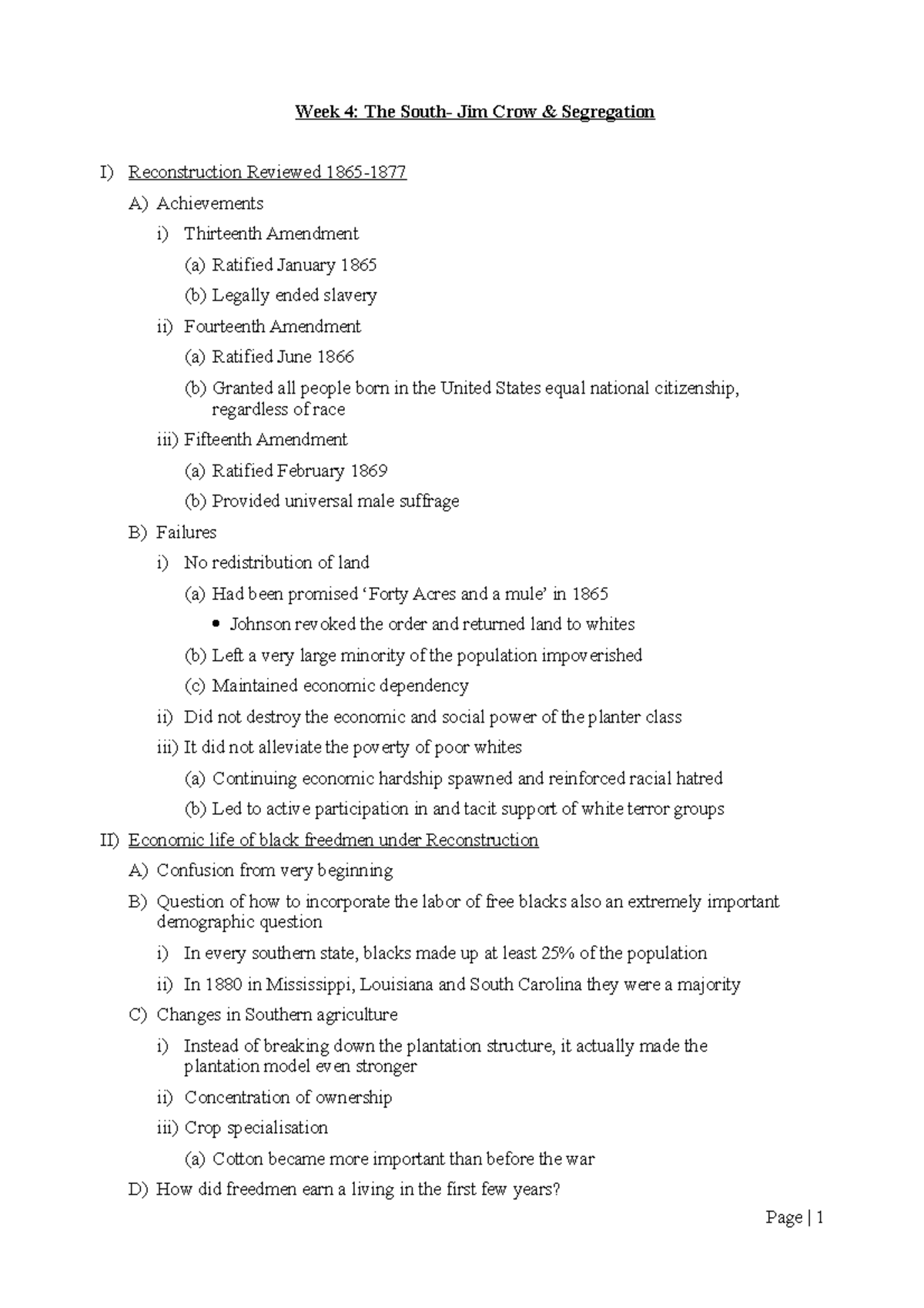 Jim Crow- Lecture notes American History - Week 4: The South- Jim Crow ...