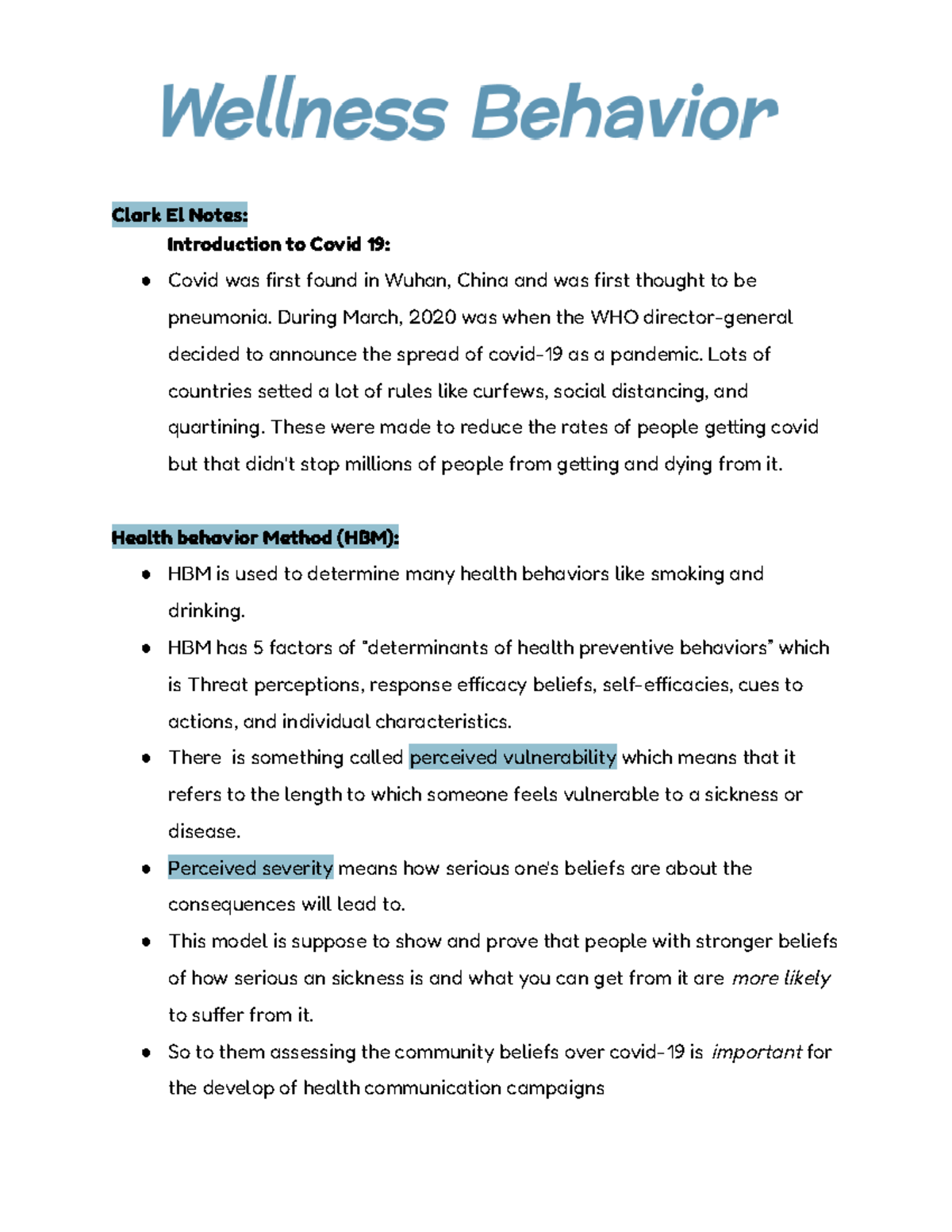 Clark et al Notes - Clark El Notes: Introduction to Covid 19: Covid was ...