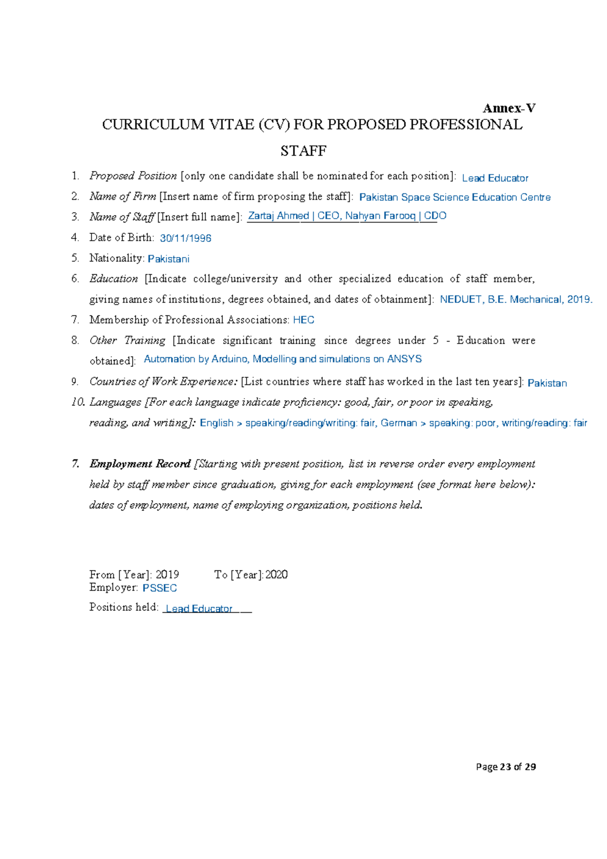 CV format - Tessjjk - Page 23 of 29 Annex-V CURRICULUM VITAE (CV) FOR ...