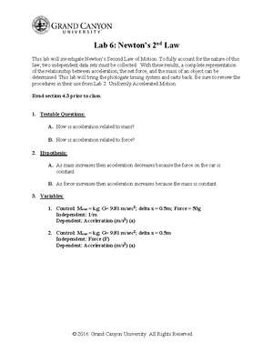 Lab 6 Newton’s 2nd Law of Motion Physics - Lab 6: Newton’s 2nd Law This ...