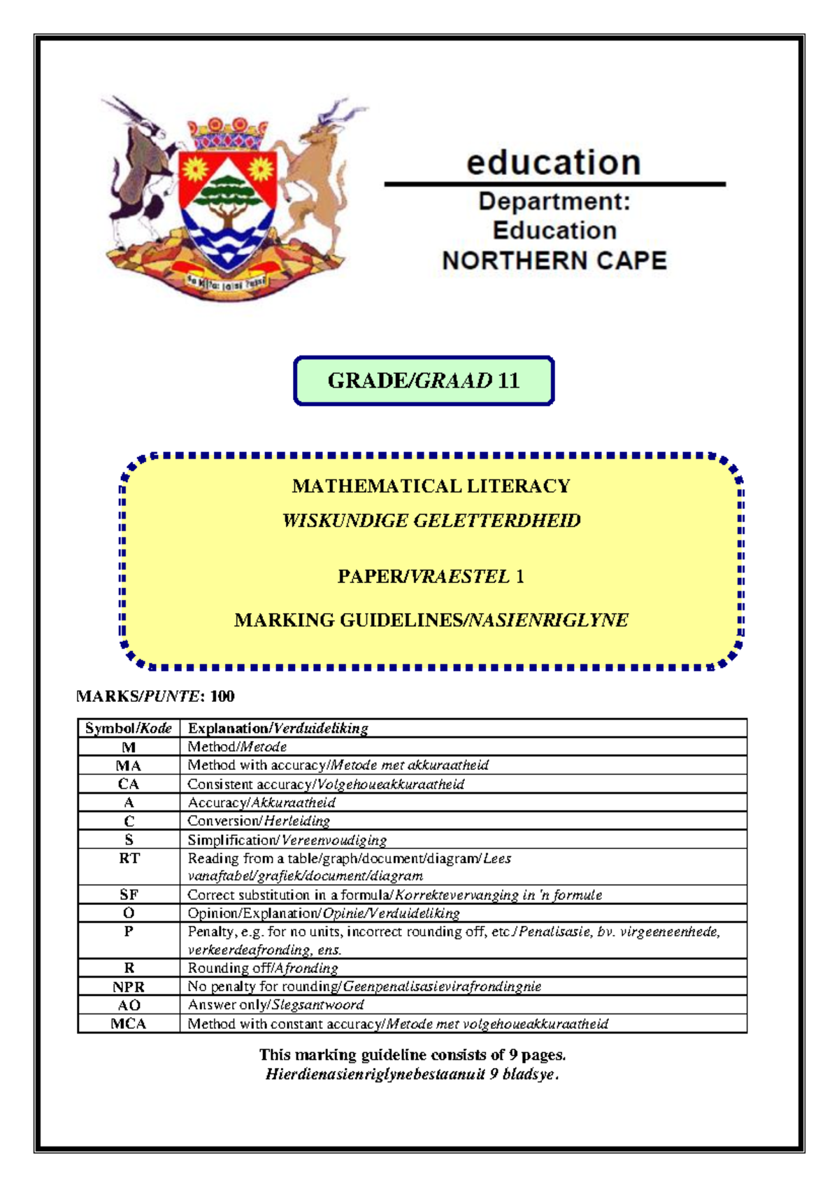 2022 10 14 MLIT P1 MG Grade 11 Final - MARKS/PUNTE: 100 Symbol/Kode ...