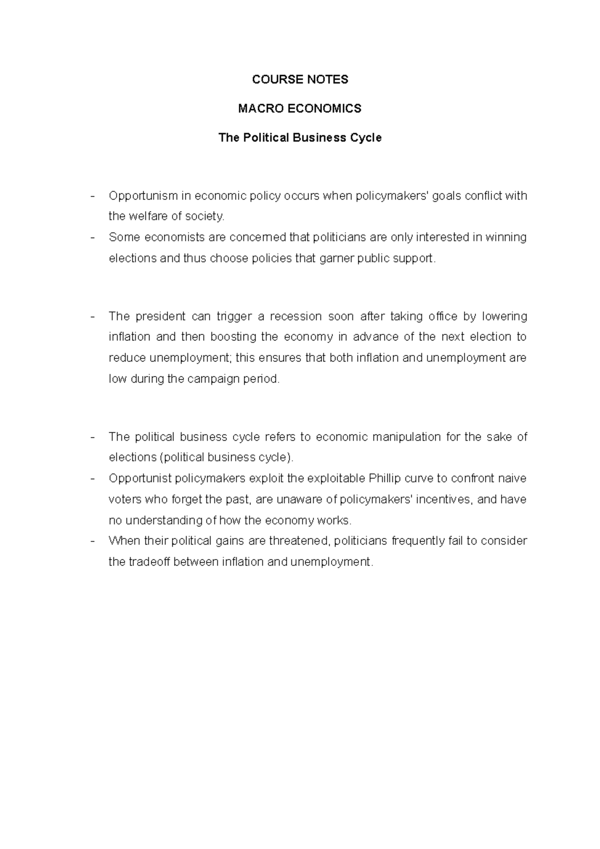 Course Notes Macroeconomics The Political Business Cycle - COURSE NOTES ...