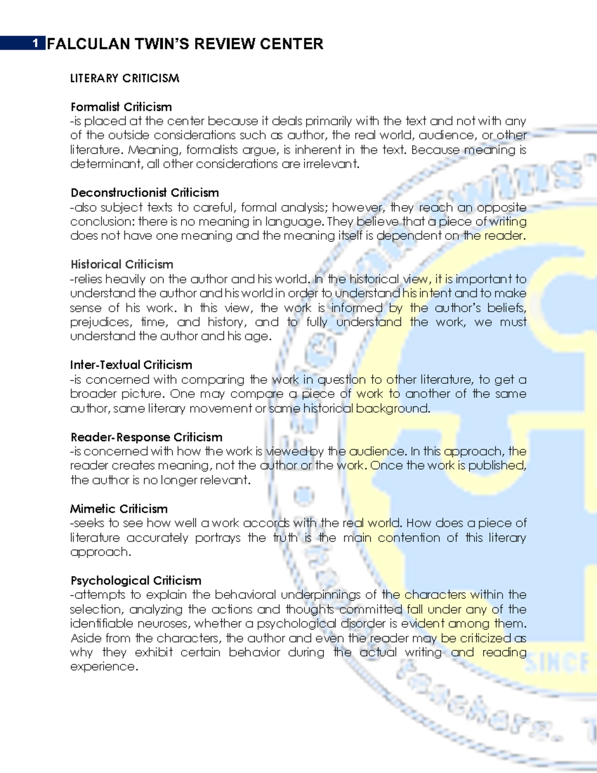 Literary Criticism AND Teaching LIT Handout - LITERARY CRITICISM ...