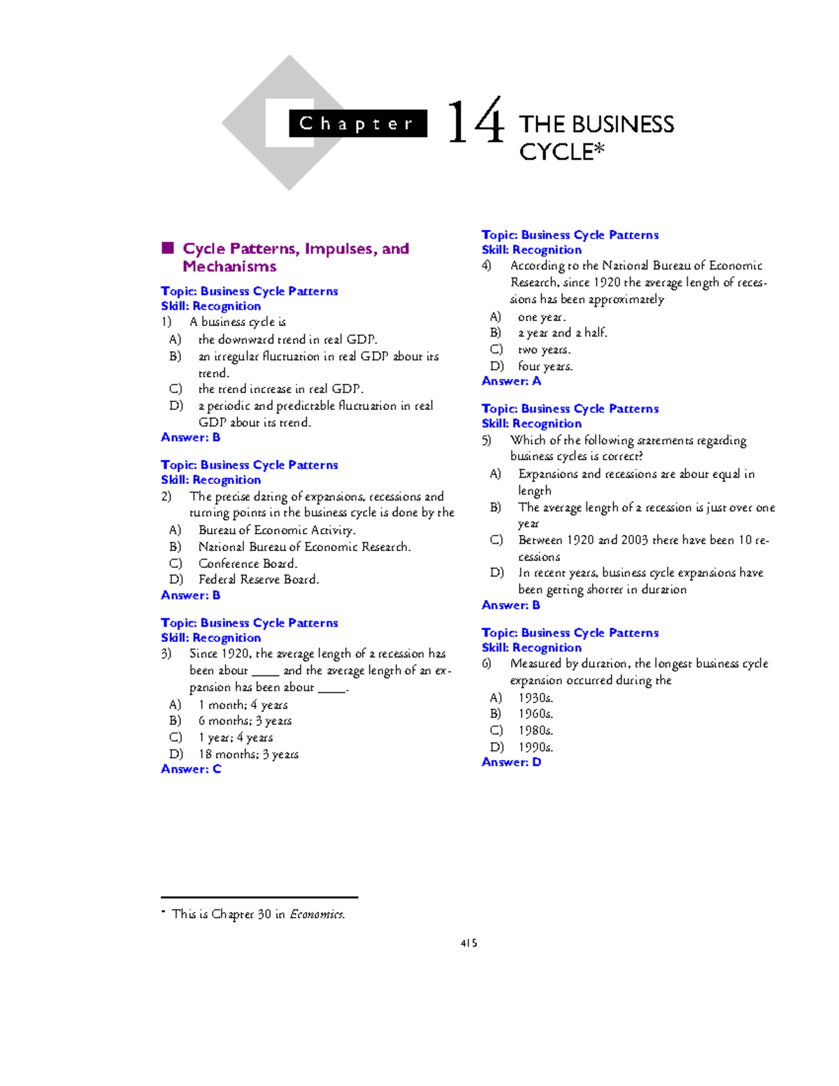1 tb14 - quiz - 415 14 THE BUSINESS CYCLE* This is Chapter 30 in ...